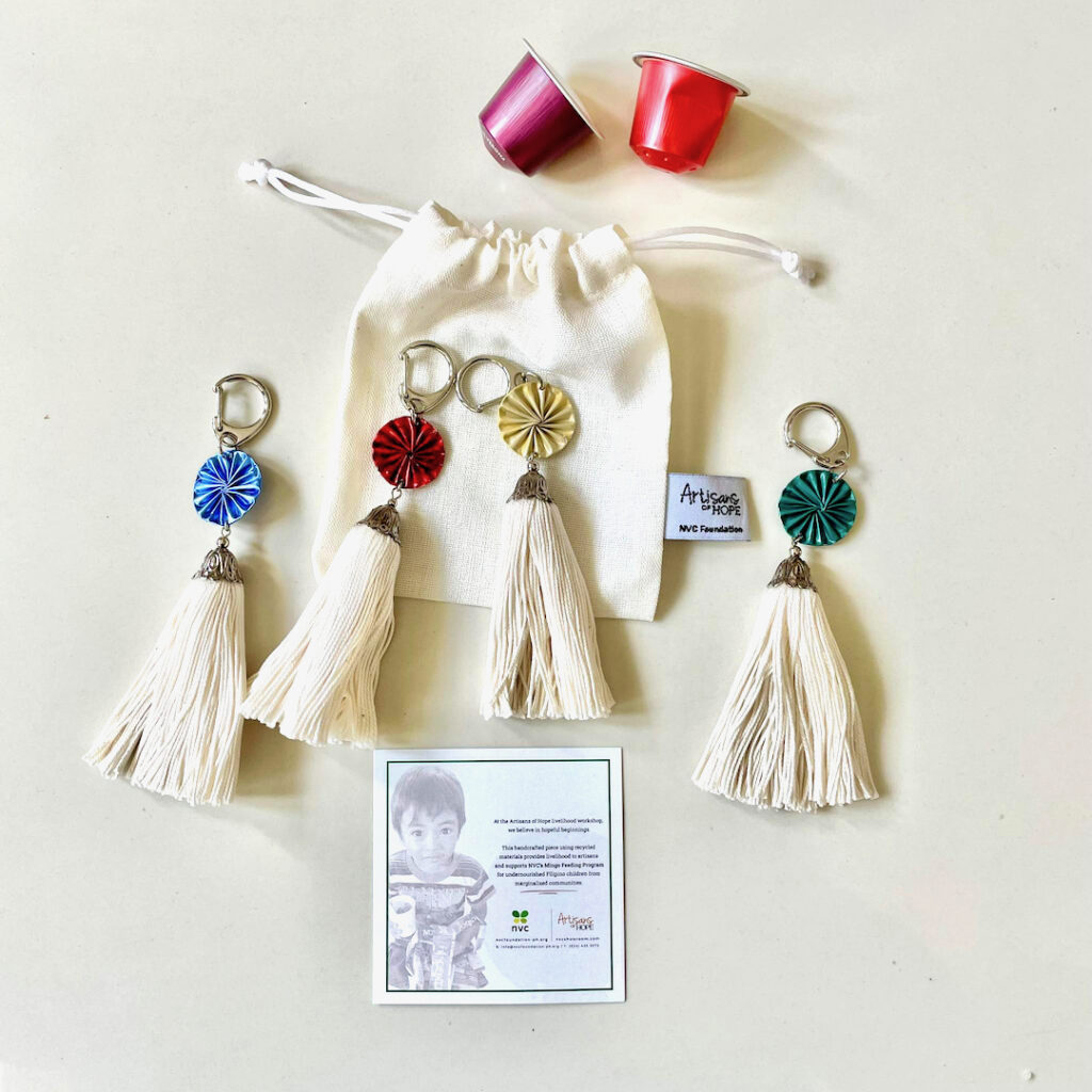 Upcycled Bag Charm - Cream Daisy 2 - NVC Foundation - A Philippine Charity