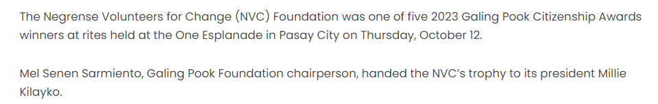 Digicast Negros: NVC Wins Galing Pook Citizenship Award - NVC Foundation - A Philippine Charity